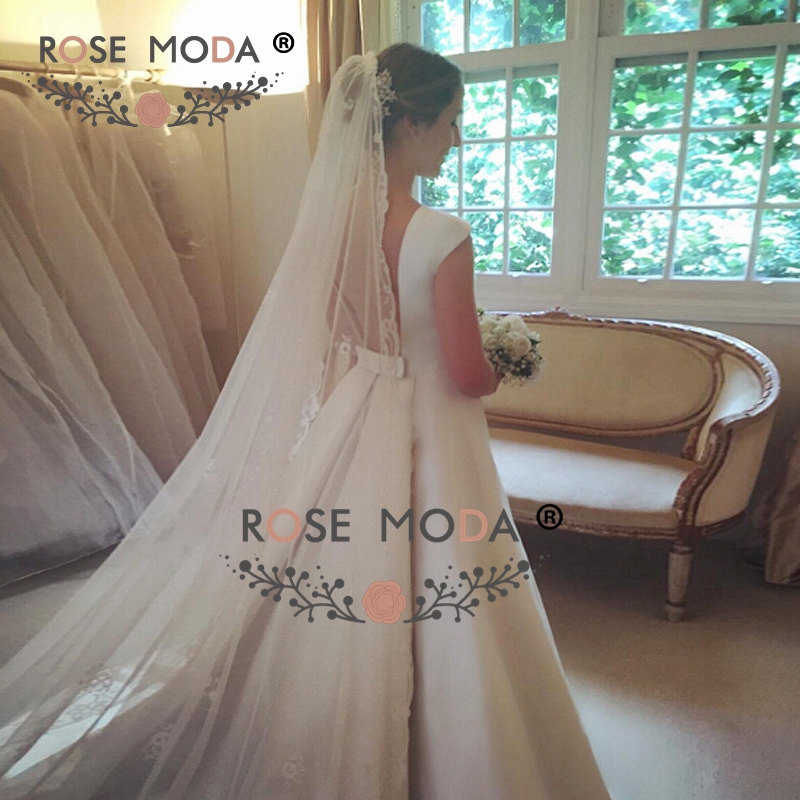 Rose Moda Classic Bateau Neck Cap Sleeves Satin A Line Wedding Dress ...