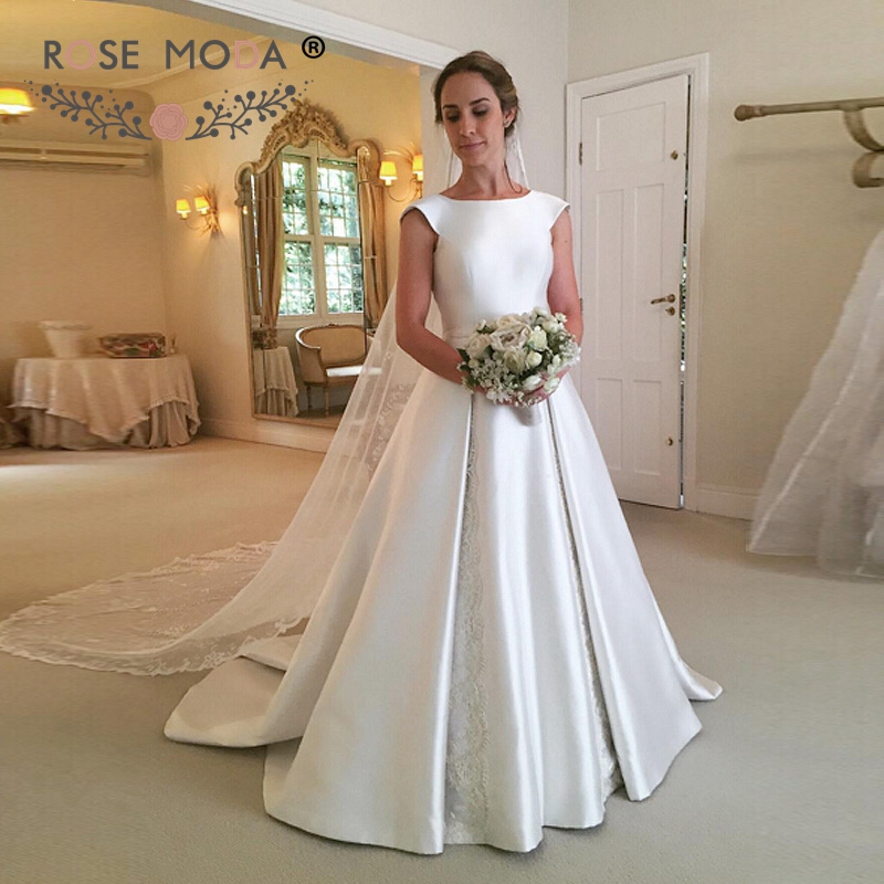 Rose Moda Classic Bateau Neck Cap Sleeves Satin A Line Wedding Dress ...