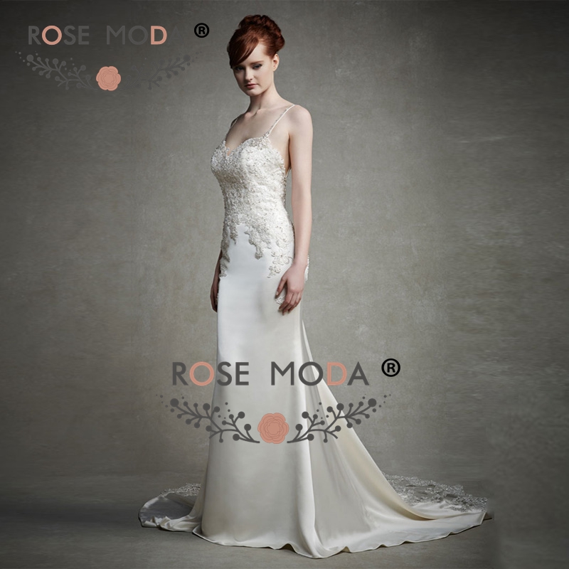 Rose Moda Low Open Back Fitted Wedding Dress With Lace Scalloped Train ...